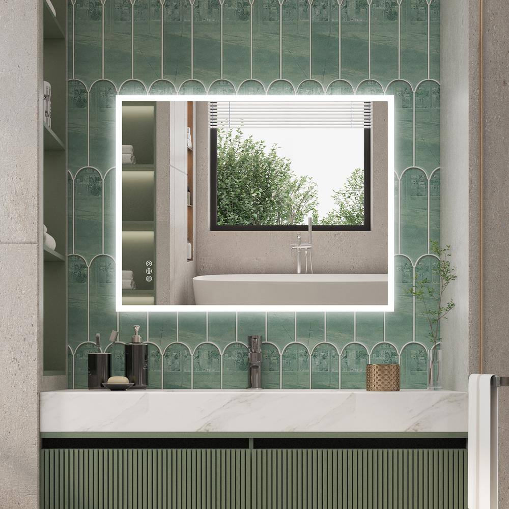 WELLFOR 28 in. W x 36 in. H Rectangular Frameless Backlit and Front ...