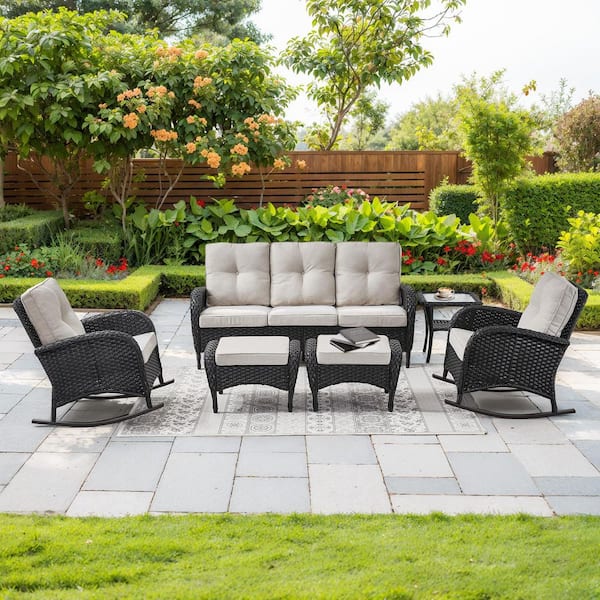Bellefurn Rotavia Black 6-Piece Wicker Patio Conversation Set with ...