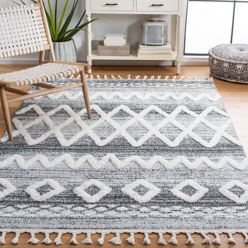 SAFAVIEH Moroccan Tassel Shag 8 ft. x 10 ft. Gray/Ivory High-Low ...