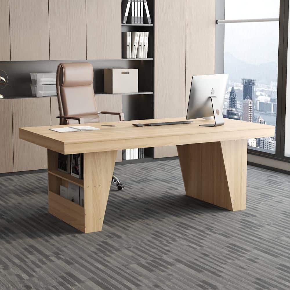 FUFU&GAGA 78.7 in. W Rectangular Natural Wood Computer Desk with ...