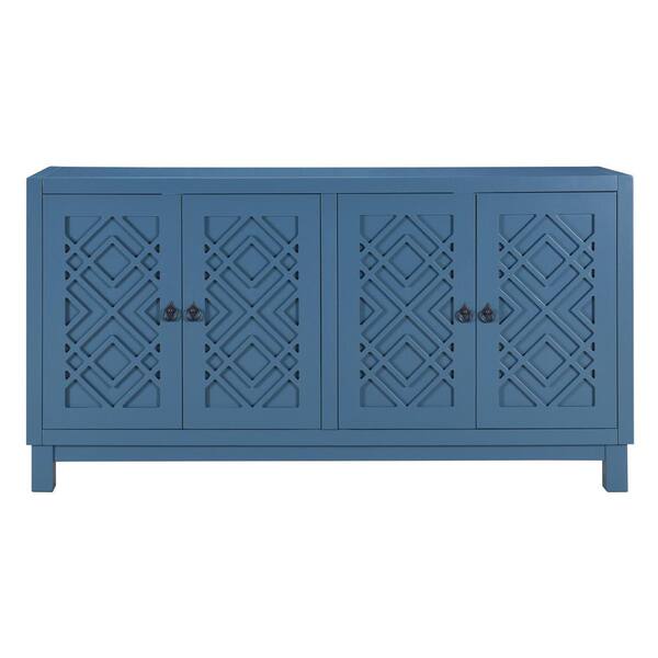 60.00 in. W x 15.70 in. D x 32.00 in. H Navy Blue Linen Cabinet 4 Door Buffet Cabinet with Pull Ring Handles TOUTD2570 The Home Depot