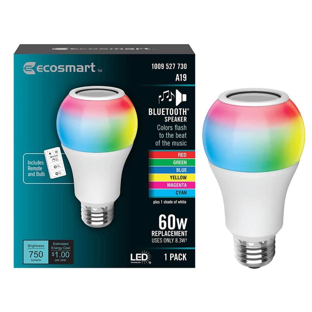 EcoSmart 60-Watt Equivalent A19 CEC Bluetooth Speaker Colored Plus ...