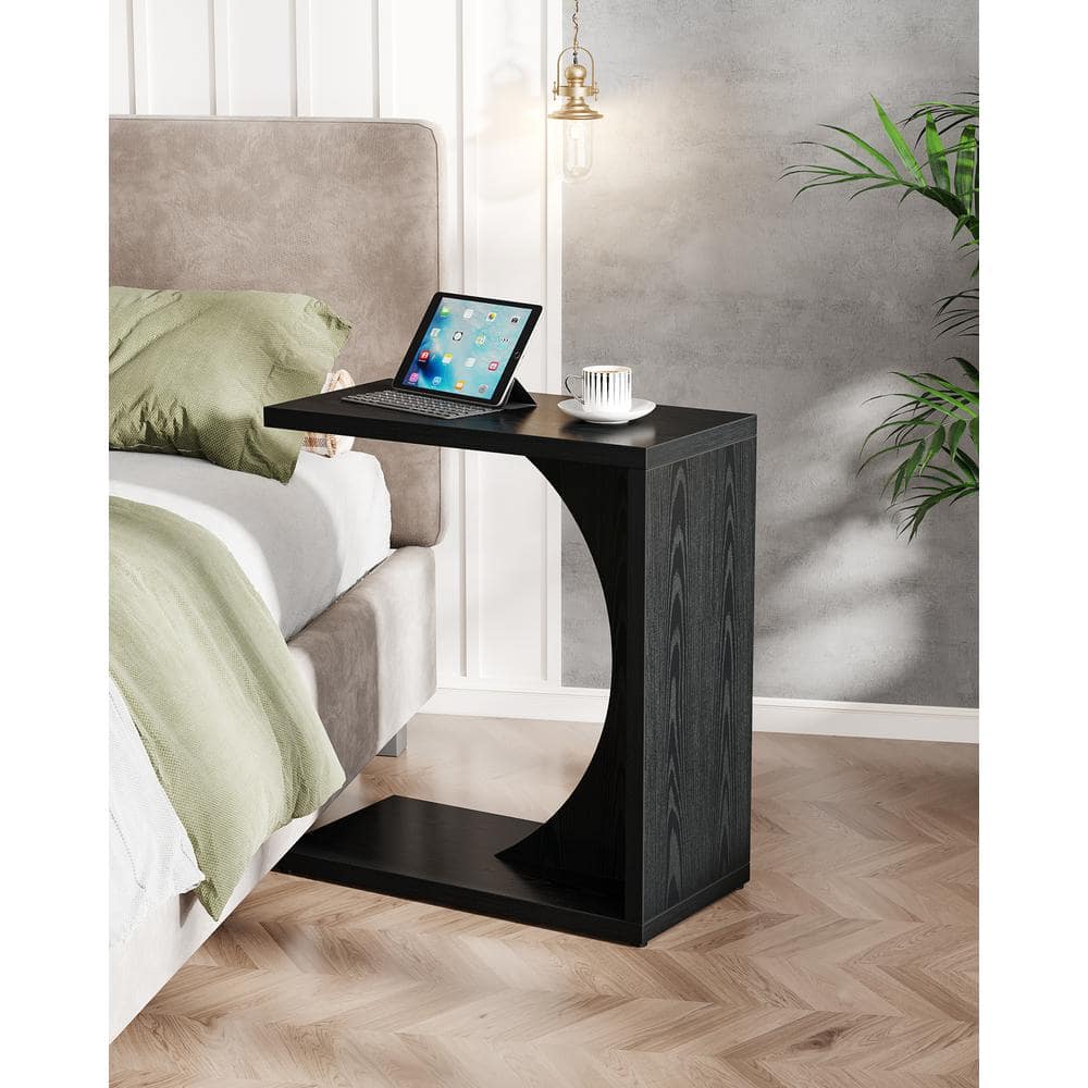BYBLIGHT Kerlin 23.62 in. Black C-Shaped Wood End Table for Small Space, Sofa Side Table Couch ...