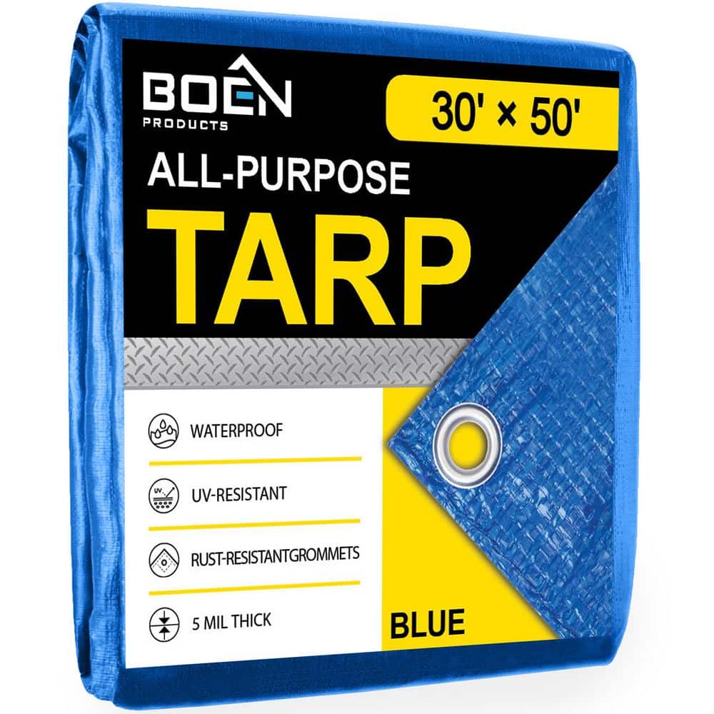 BOEN 30 ft. x 50 ft. Multi-Purpose Blue Poly Tarp Cover 5 Mil Thick ...