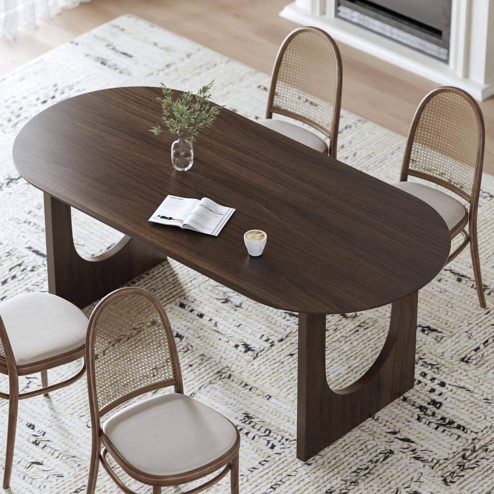 Lirago Oval Walnut Solid Wood 67 in. Kitchen Tables Double Pedestal ...