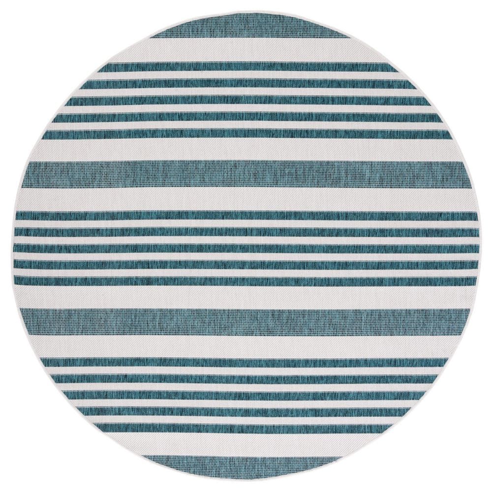 SAFAVIEH Courtyard Ivory/Teal 7 ft. x 7 ft. Geometric Striped Indoor ...