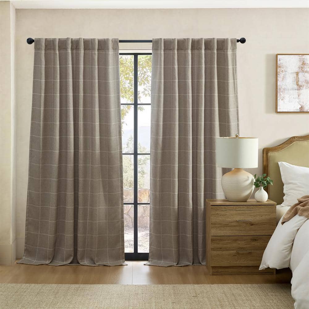 Elrene Sawyer Taupe Polyester Windowpane Plaid 52 in. W x 95 in. L Rod ...