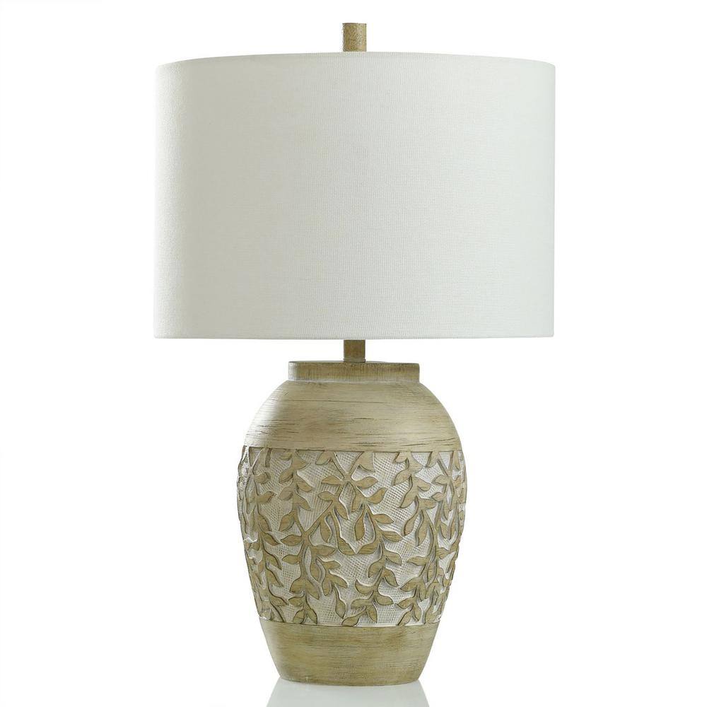 StyleCraft 29 in. Beige, Leaf Motif Table Lamp with Off-White Linen ...