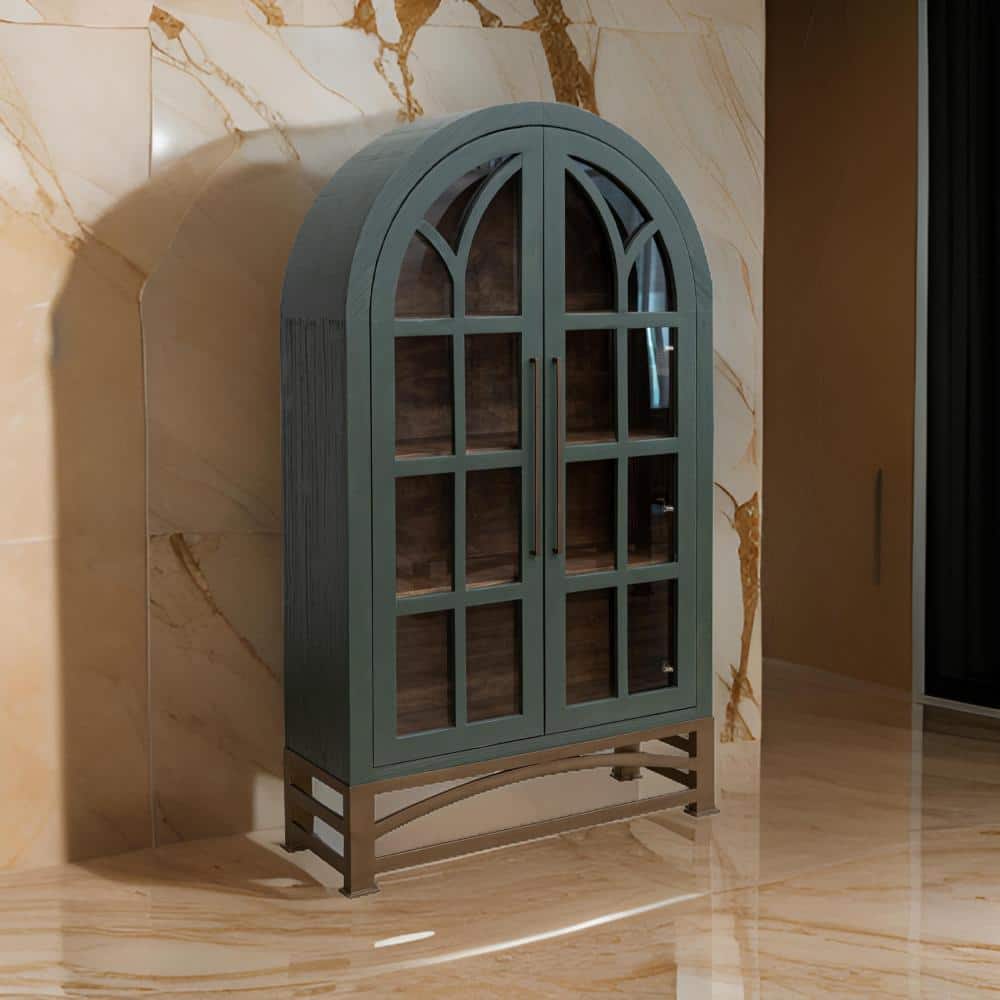 Benjara Green Bronze 74.75 in. Accent Cabinet with Arched Glass Door ...