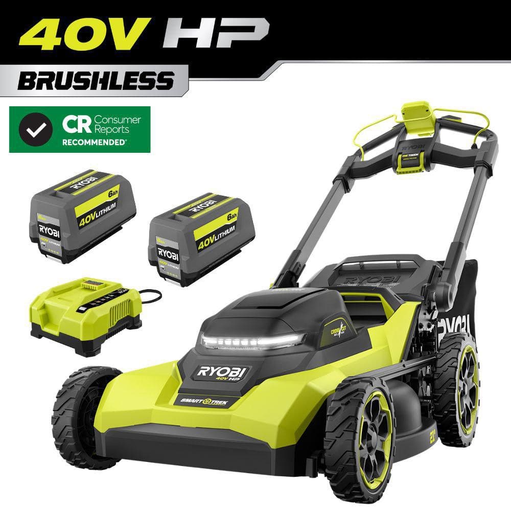 RYOBI 40V HP Brushless 21 in. Cordless Battery Walk Behind Multi-Blade Self-Propelled Mower w ...