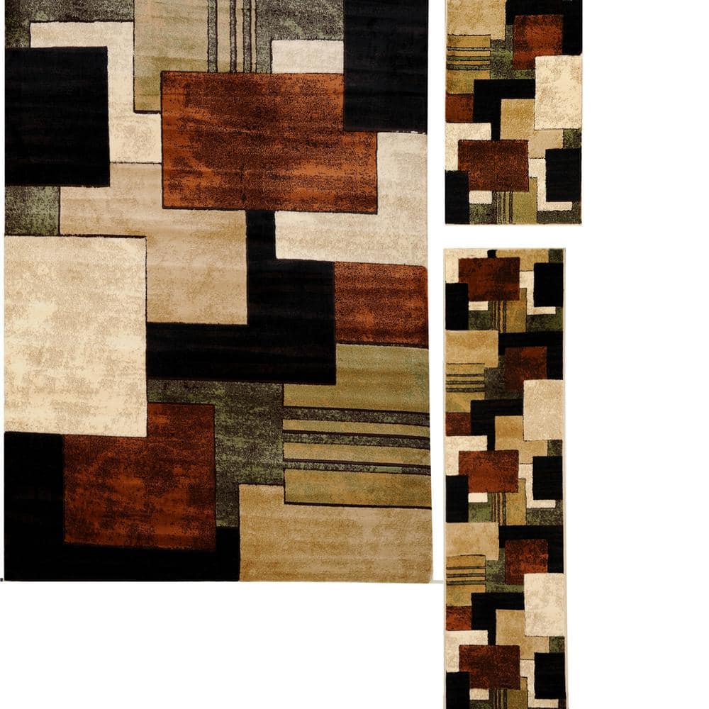 Home Dynamix Tribeca Brown/Green 5 ft. x 7 ft. Geometric 3-Piece Area ...