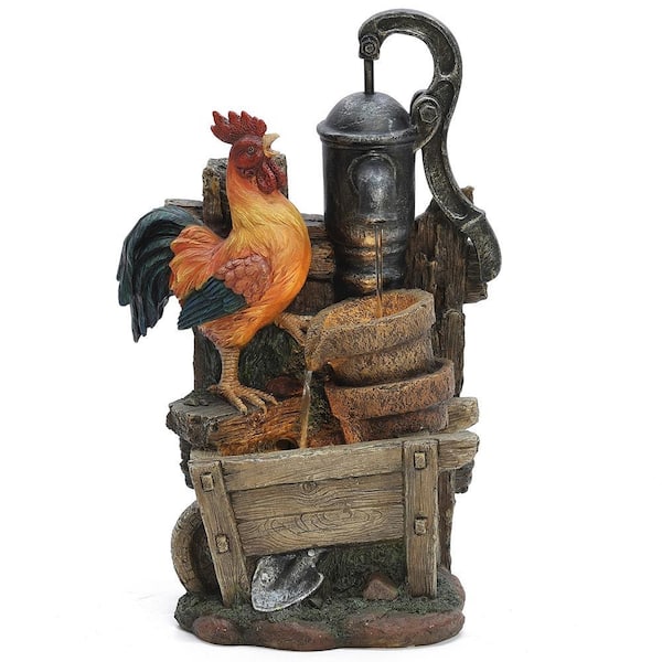 LuxenHome Farmhouse Pump and Rooster Outdoor Polyresin Cascade Fountain ...
