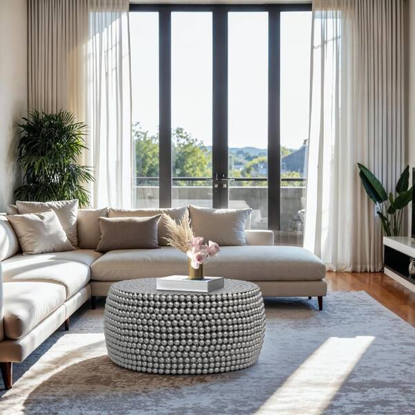 THE URBAN PORT Eve 32.0 in. Silver Round Iron Metal Coffee Table with ...