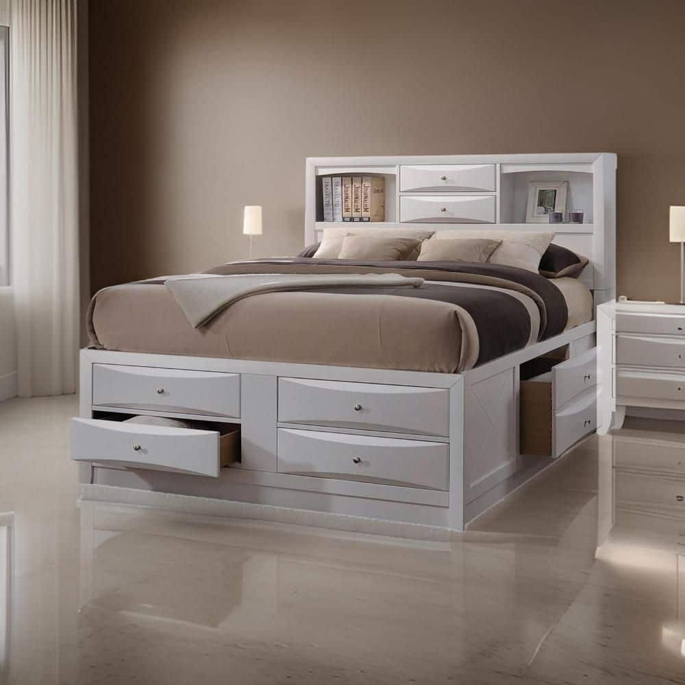 Benjara White Wood Frame King Platform Bed with Bookcase Headboard and ...