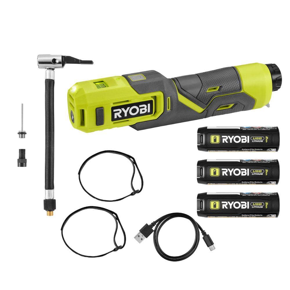 RYOBI USB Lithium Cordless High Pressure Portable Inflator Kit with 2.0 ...