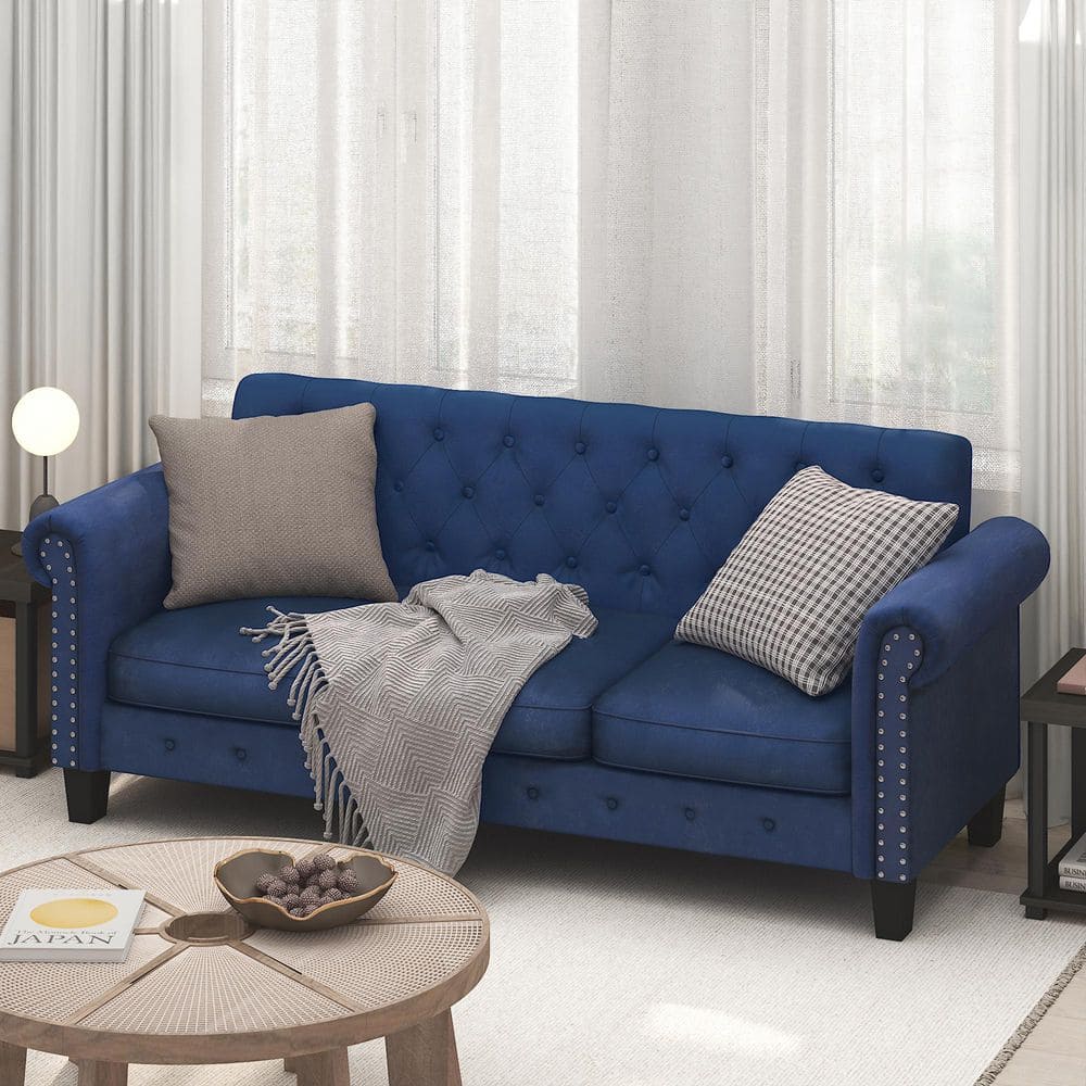 Furinno Bastia76.38 in. Rolled Arm Velvet Upholstered Rectangle Sofa in ...