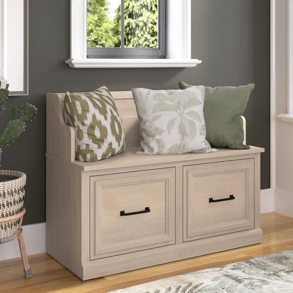 Bush Furniture Woodland White Washed Maple Entryway Bench with Doors ...