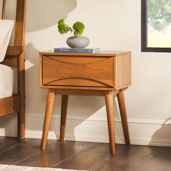 Welwick Designs 1 Drawer Caramel Solid Wood Mid Century Modern Curve Nightstand HD9837