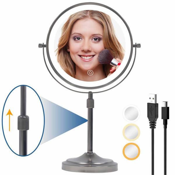 8.6 in. W. x 16.5in. H Round Magnifying Lighted Tabletop Mirror Bathroom Makeup Mirror in Gray ...