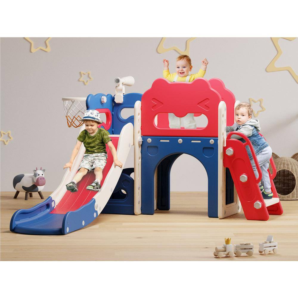 SEEUTEK Kyriah 7 ft. 7-In-1 Blue Red Toddler Slide Kids Indoor Slide ...