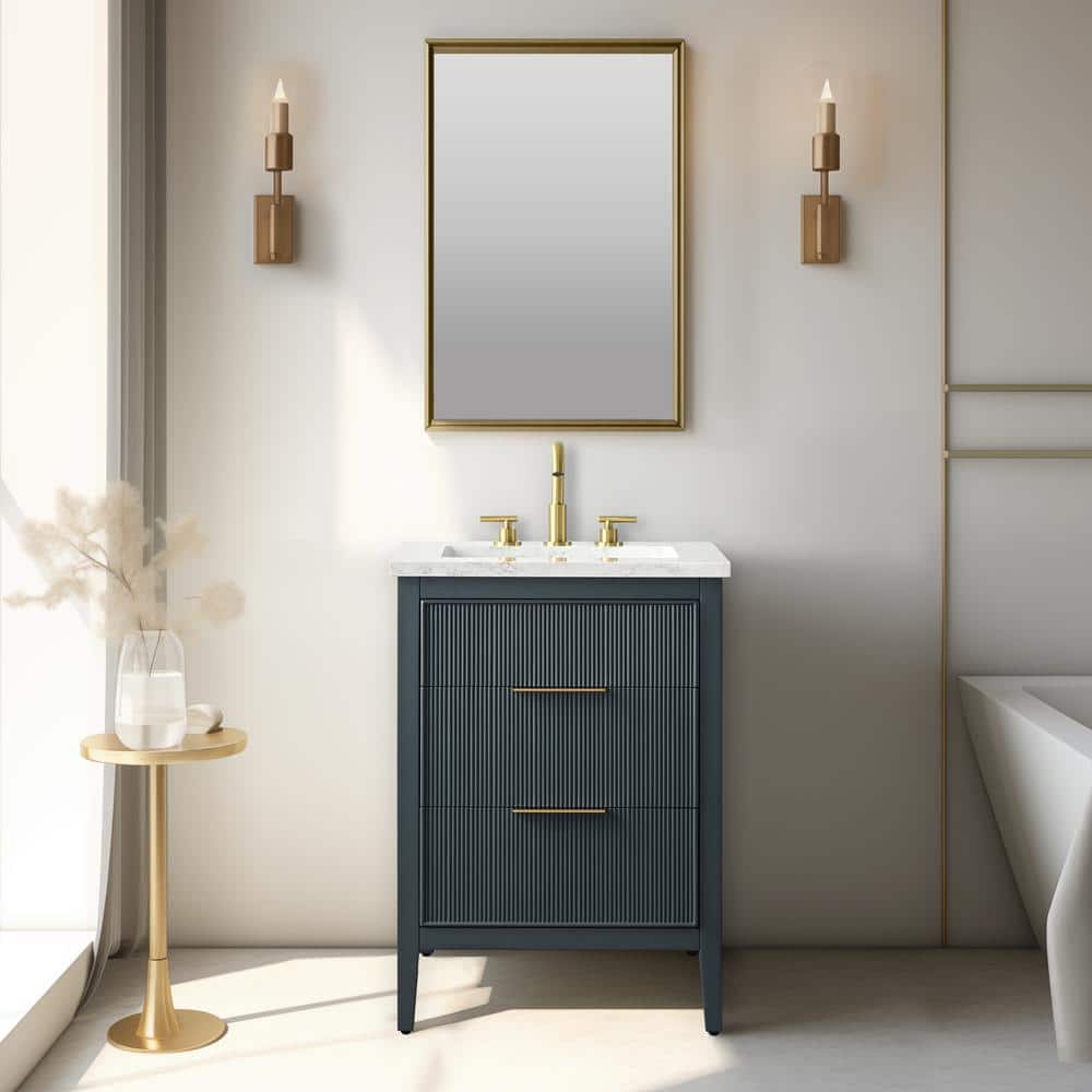 SUDIO Emma 24 in. W Bath Vanity in Vintage Blue with Engineered Stone Top in Arabescato with ...
