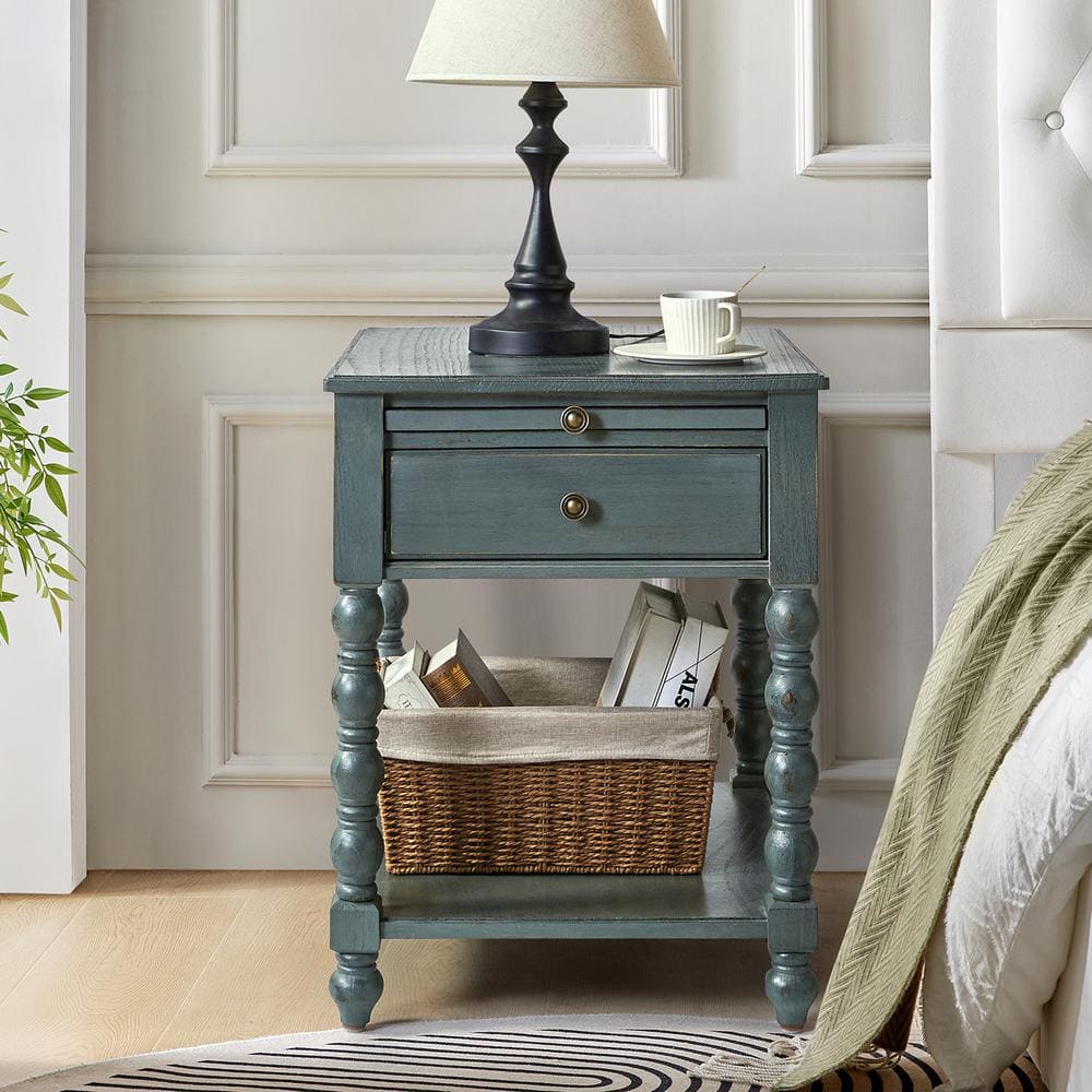 JAYDEN CREATION Jim Blue Traditional 20 in. W Solid Wood End Table with ...