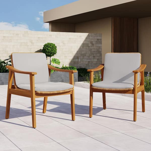 Teak Color Acacia Wood Frame Outdoor Dining Chairs with Gray Waterproof ...