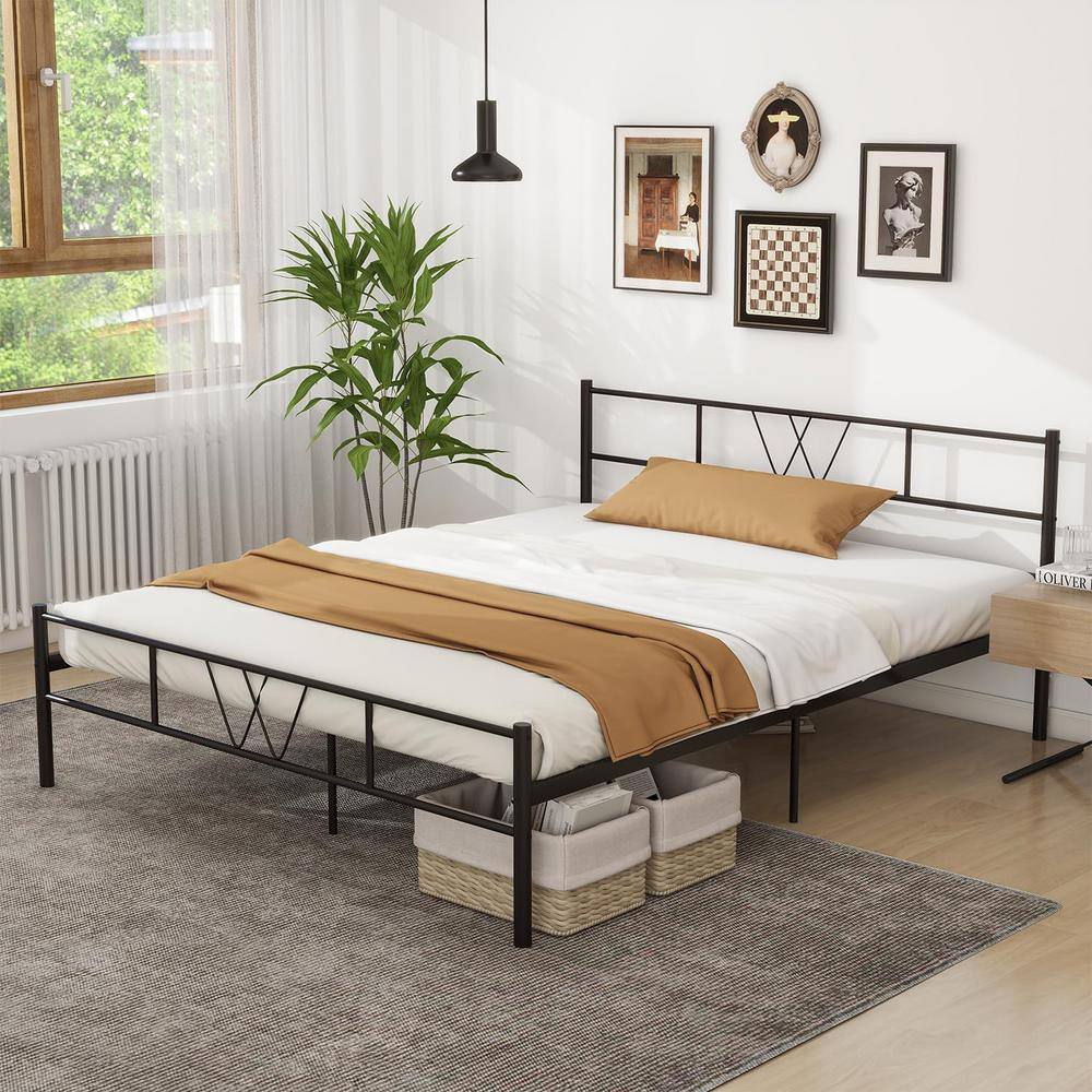 WONDER COMFORT Black Metal Frame Queen Platform Bed with Headboard and ...