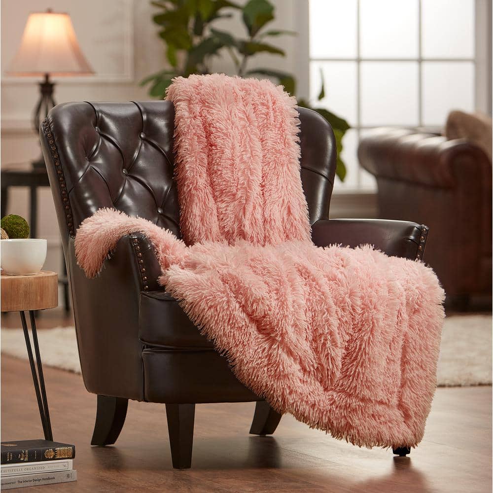 CHANASYA Solid Peach Shaggy Faux Long Fur Polyester Throw Blanket - 50 ...