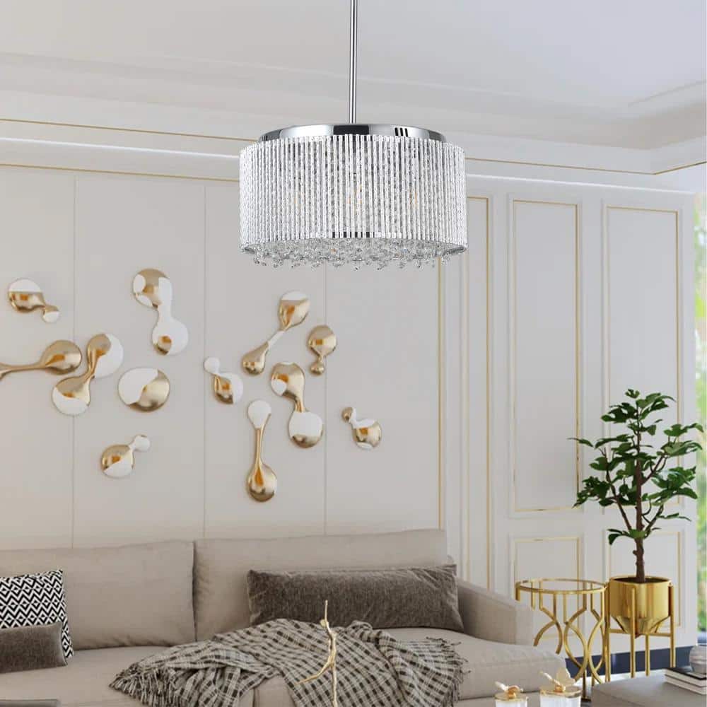 FIRHOT 7-Light Modern Chrome Circle Chandelier with Crystal Beaded Drum ...