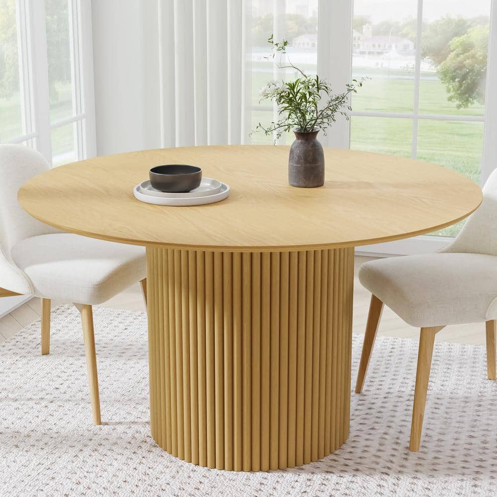 Lirago Round Oak Wood 52 in. Column Base Dining Table Seats 6 HD ...