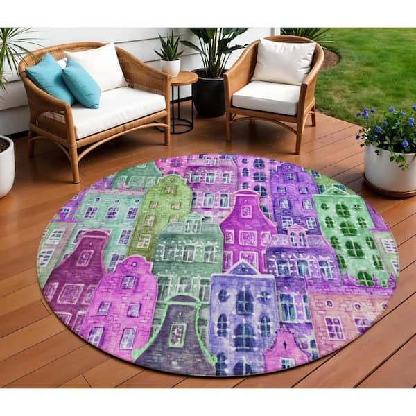 HomeRoots Purple, Lilac, Green 8 ft. Round Woven Geometric Polyester ...