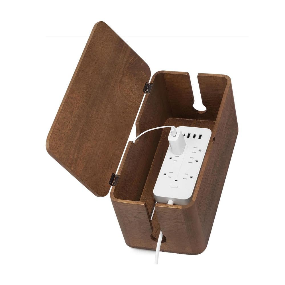 Vrbgify Large Mango Wood Cord Organizer Box Flip-Top Cable Management ...
