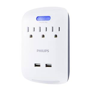 Philips 3-Outlet 2 USB 2.1 Amp Surge Protector Tap with Guidelight ...