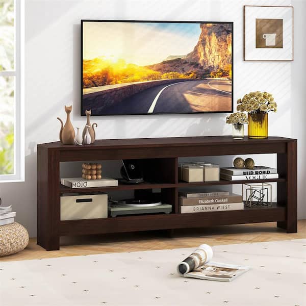 Costway Brown TV Stand Fits for TVs up to 65 in. with Power Outlet and 4 Open Storage Shelves for Living Room HCST02242 The Home Depot