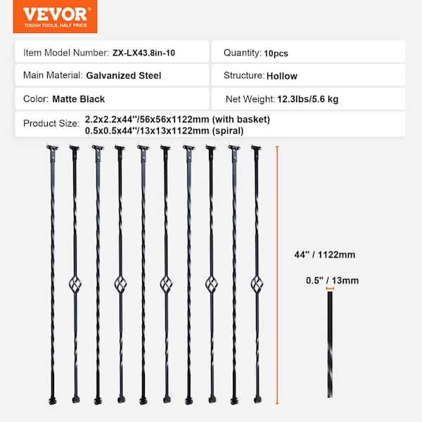 VEVOR 44 in. H x 2.2 in. W Black Galvanized Steel Spindles VEVOR 44 in. H x 2.2 in. W Black Galvanized Steel Spindles