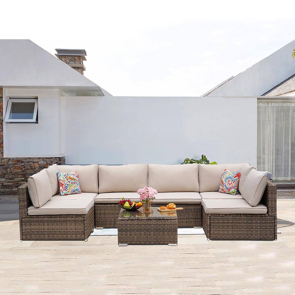7-Piece Wicker Patio Conversation Set with Beige Cushions, Outdoor ...
