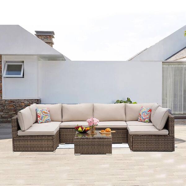 7-Piece Wicker Patio Conversation Set with Beige Cushions, Outdoor ...