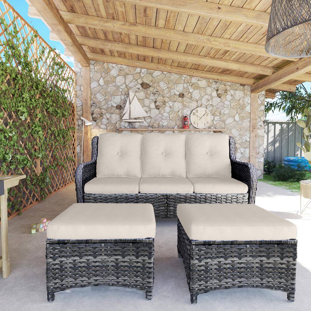 JOYSIDE Wicker Outdoor Patio Sofa Sectional Set with Beige Cushions and ...