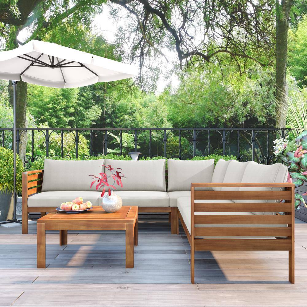 4-Piece Acacia Wood Patio Conversation Set Outdoor Sofa Set with ...