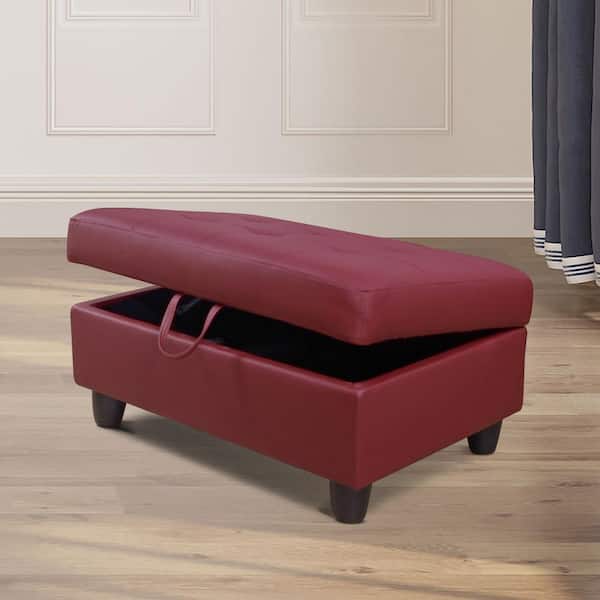 AndMakers 34 in. W Red Faux Leather Rectangle Ottoman with Storage WJL ...