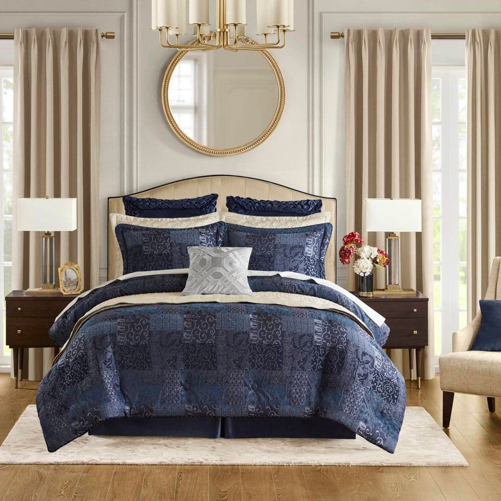 4 PCS Queen Navy Soft Luxurious 100% Polyester Chenille Jacquard ...