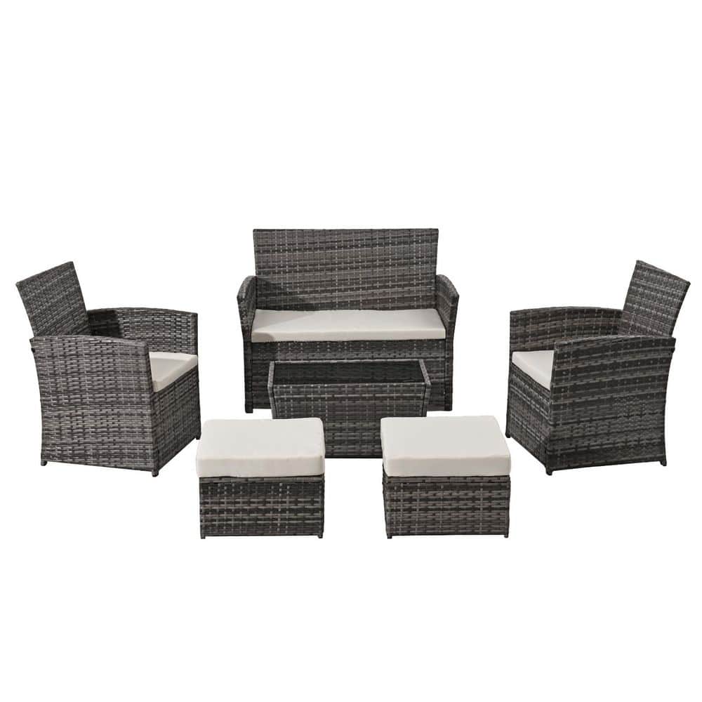 JUSKYS 6-Pieces Mixed-Gray Wicker Outdoor Patio Furniture Conversation ...