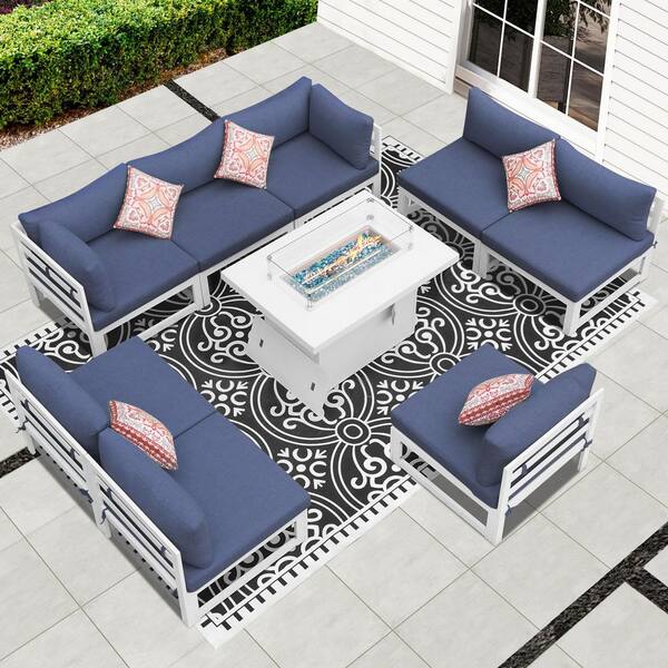 Extra Large White 9-Piece Aluminum Patio Fire Pit Conversation Set Deep ...