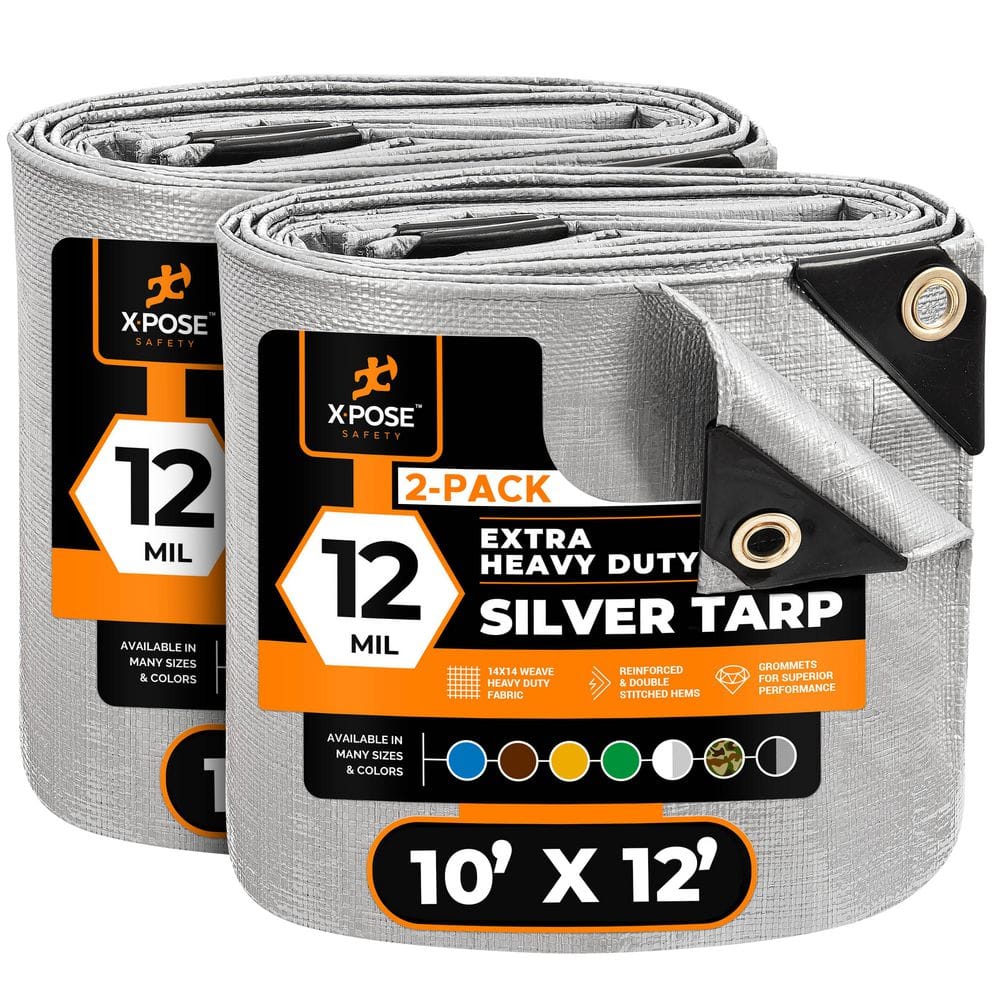 XPOSE SAFETY Heavy-Duty Silver Poly Tarp 10 ft. x 12 ft. Multi-Purpose ...