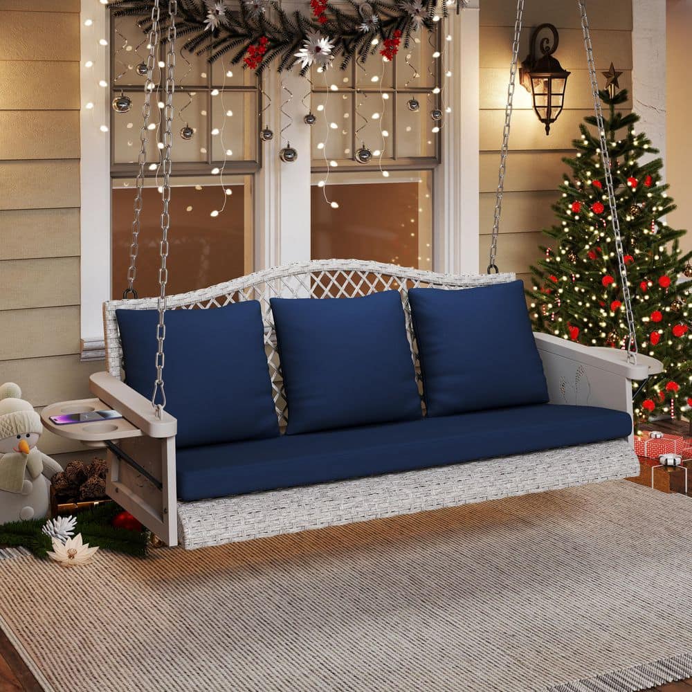 Reviews for DENISLAWN White Rattan Porch Hanging Swing, 3-Seat Wicker ...