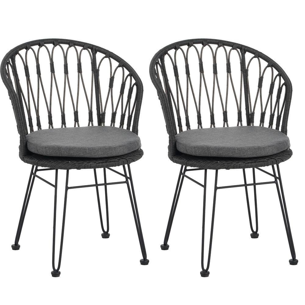 Gray PE Wicker Boho-Industrial Outdoor Dining Chairs with Gray Cushions ...