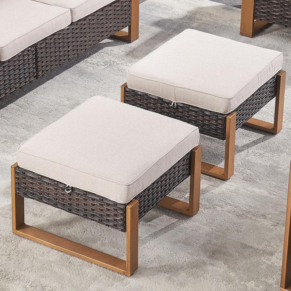 Opohoro Brown Wicker Outdoor Ottoman with Wood-Looking Metal Legs with ...