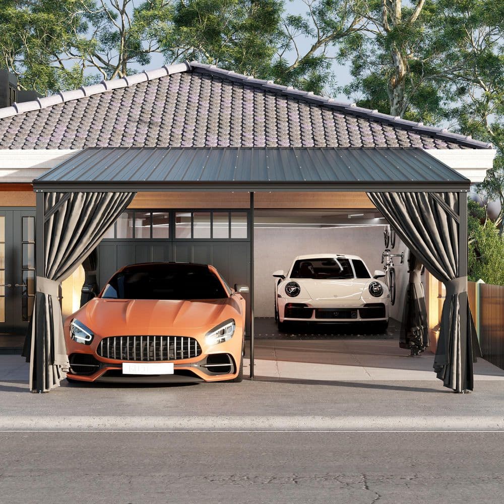 FUFU&GAGA 14 ft. W x 12 ft. D Black Aluminum Carport with Sloping ...