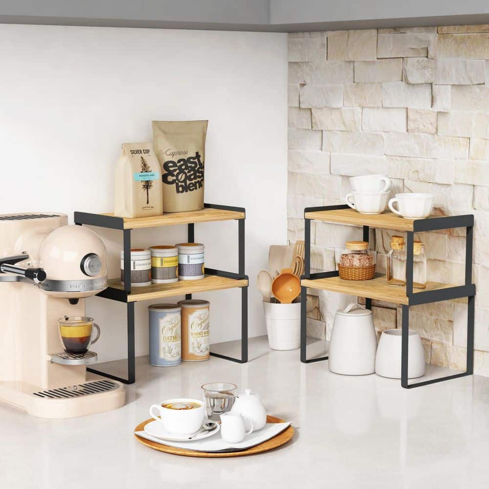 Anqtovp 4-Shelf Black Bamboo Expandable Stackable Cabinet Organizer for ...